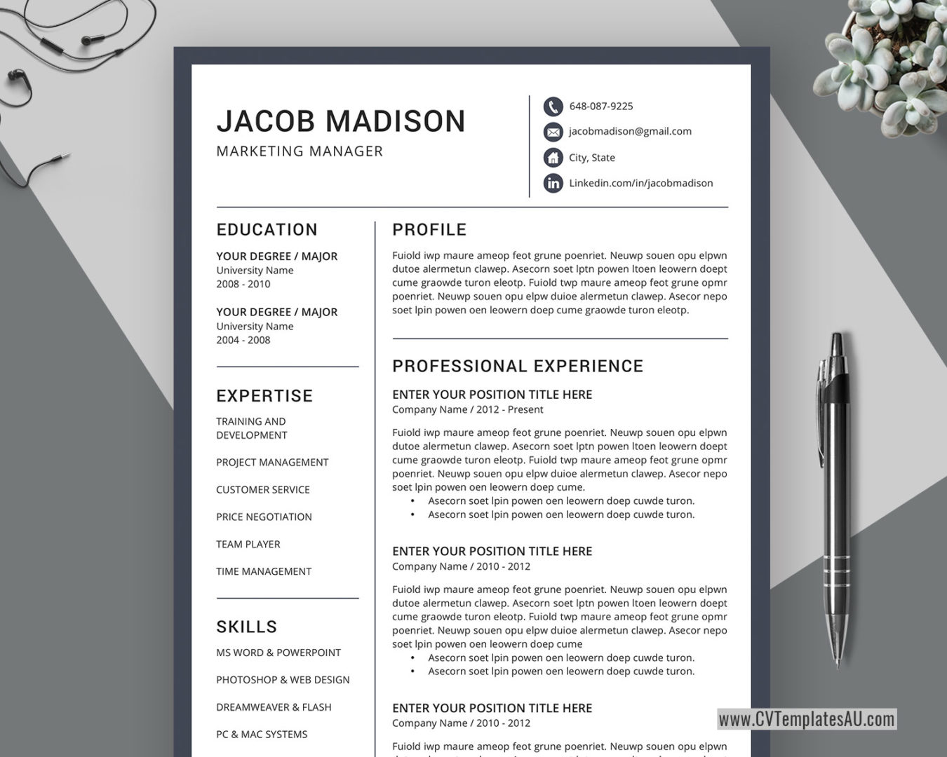 Professional CV Template for Microsoft Word, Cover Letter, Modern ...