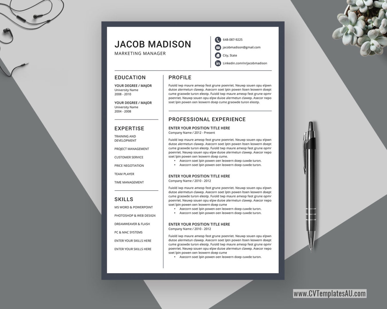 Professional CV Template for Microsoft Word, Cover Letter, Modern ...